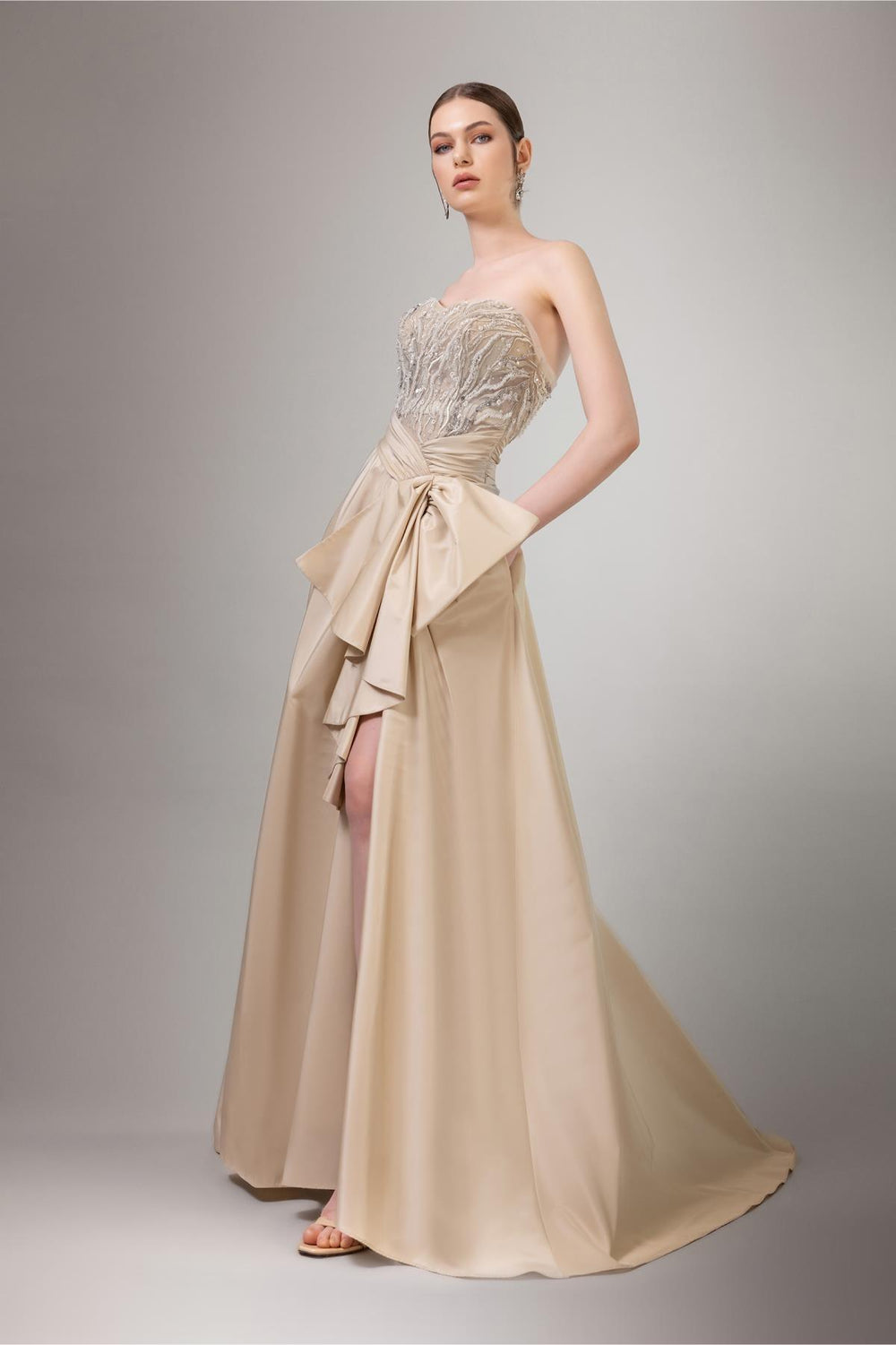 Kenzel Strapless Beaded Embroidered Bow Long Evening Dress - Eser Giyim