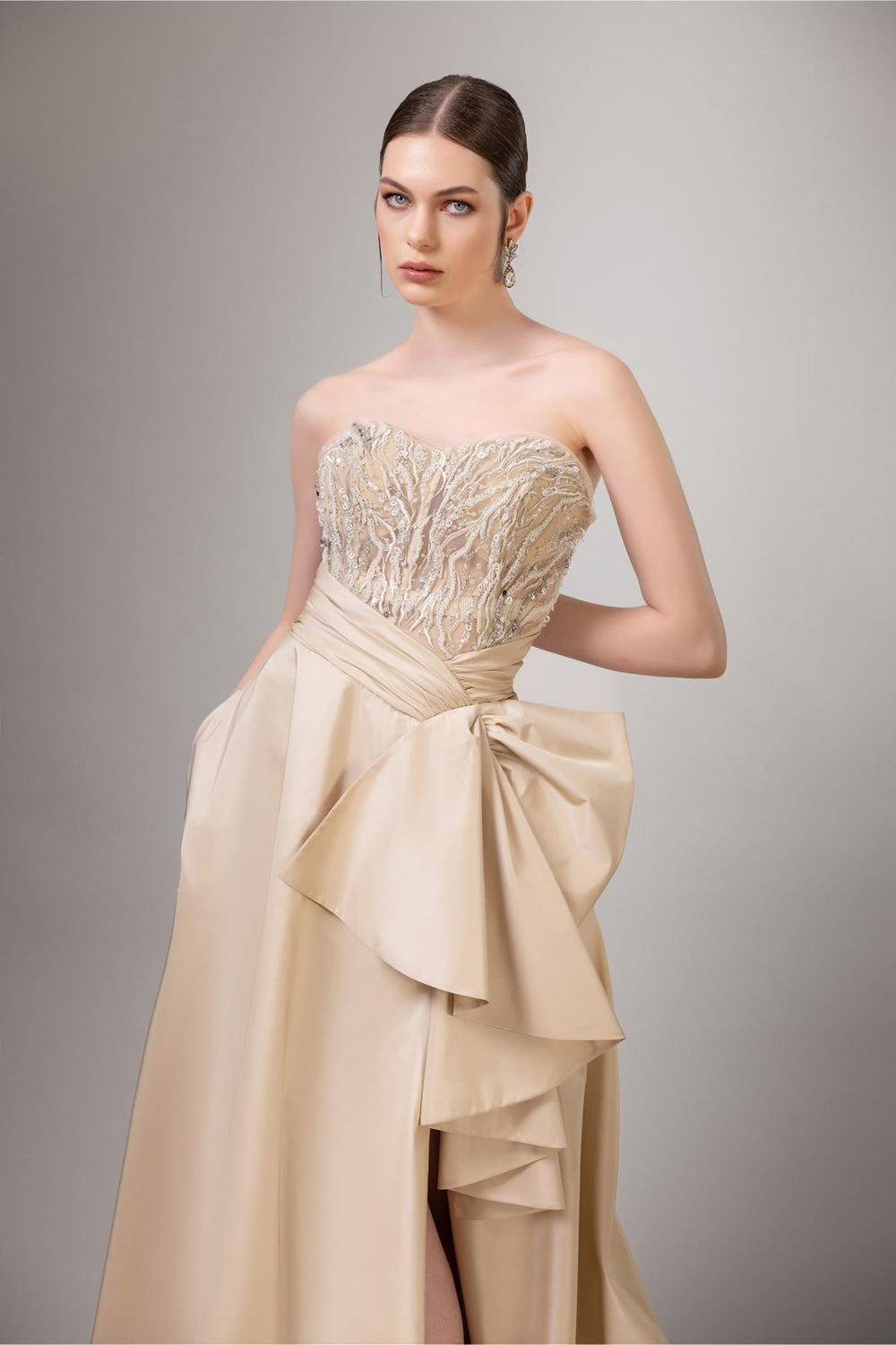 Kenzel Strapless Beaded Embroidered Bow Long Evening Dress - Eser Giyim