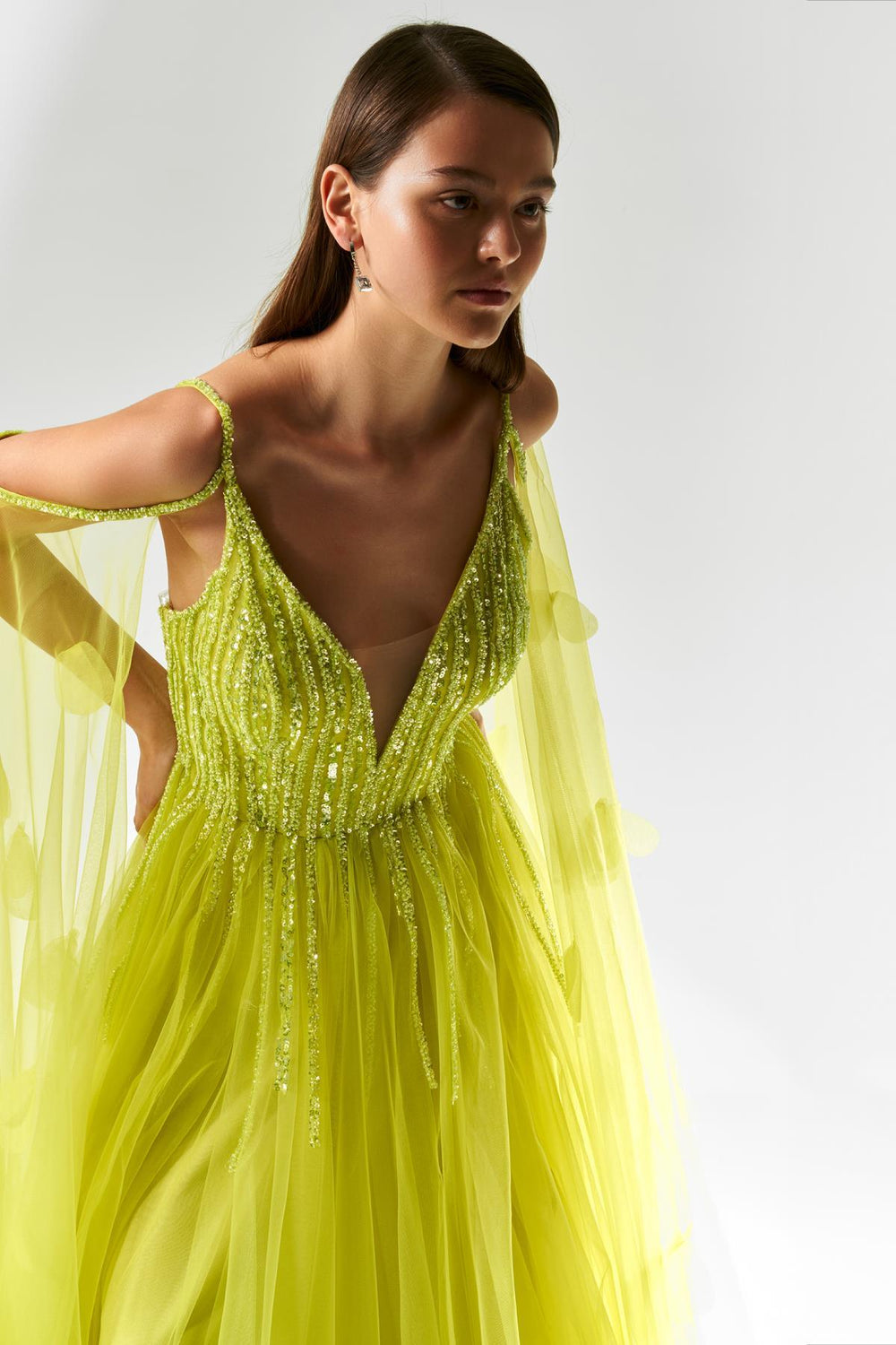 Ömür Inn Kolları Tül Detaylı Boncuk İşlemeli Uzun Abiye Elbise - Eser Giyim