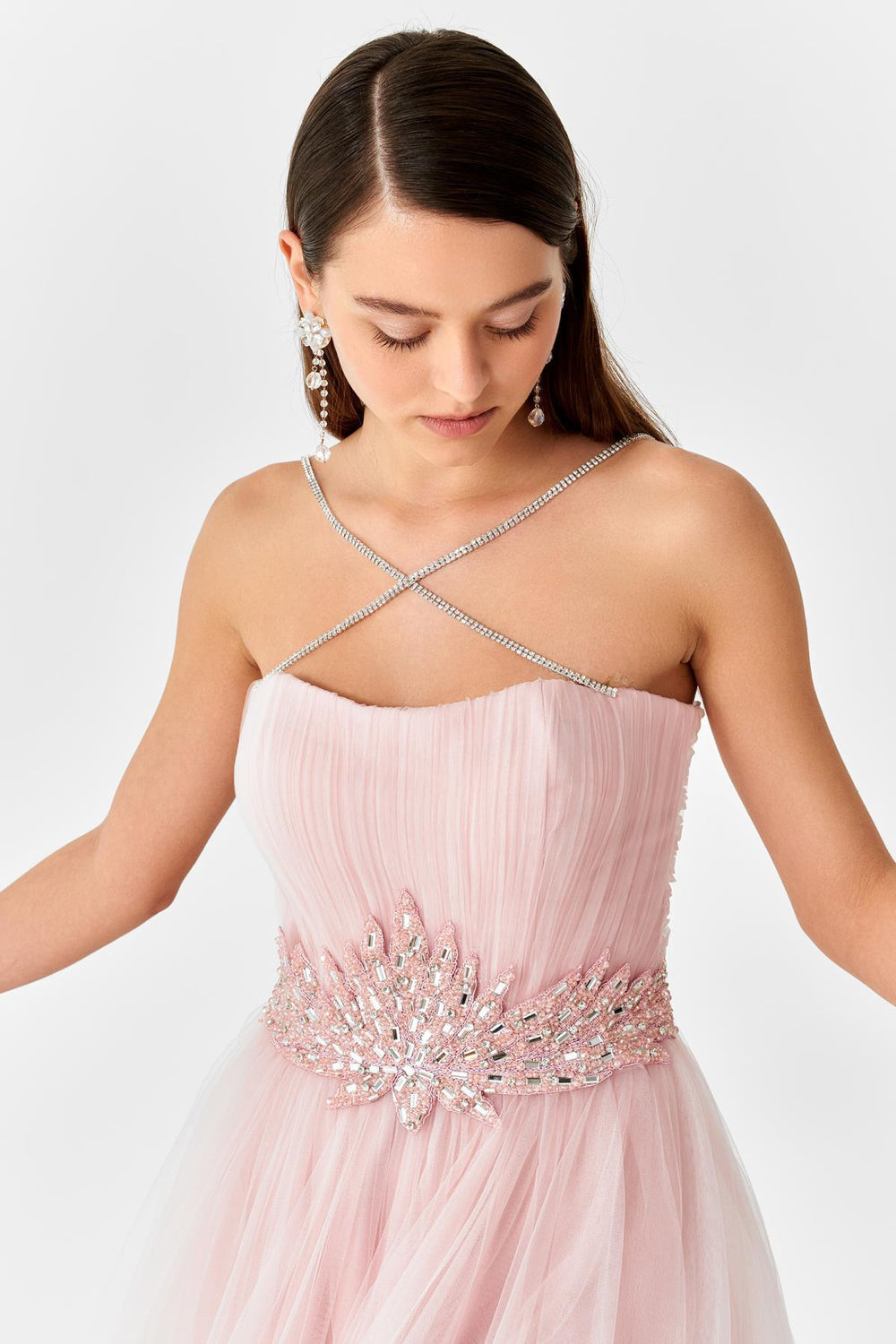 Ömür Inn Göğüsü Drape Taş İşli Midi Abiye Elbise - Eser Giyim