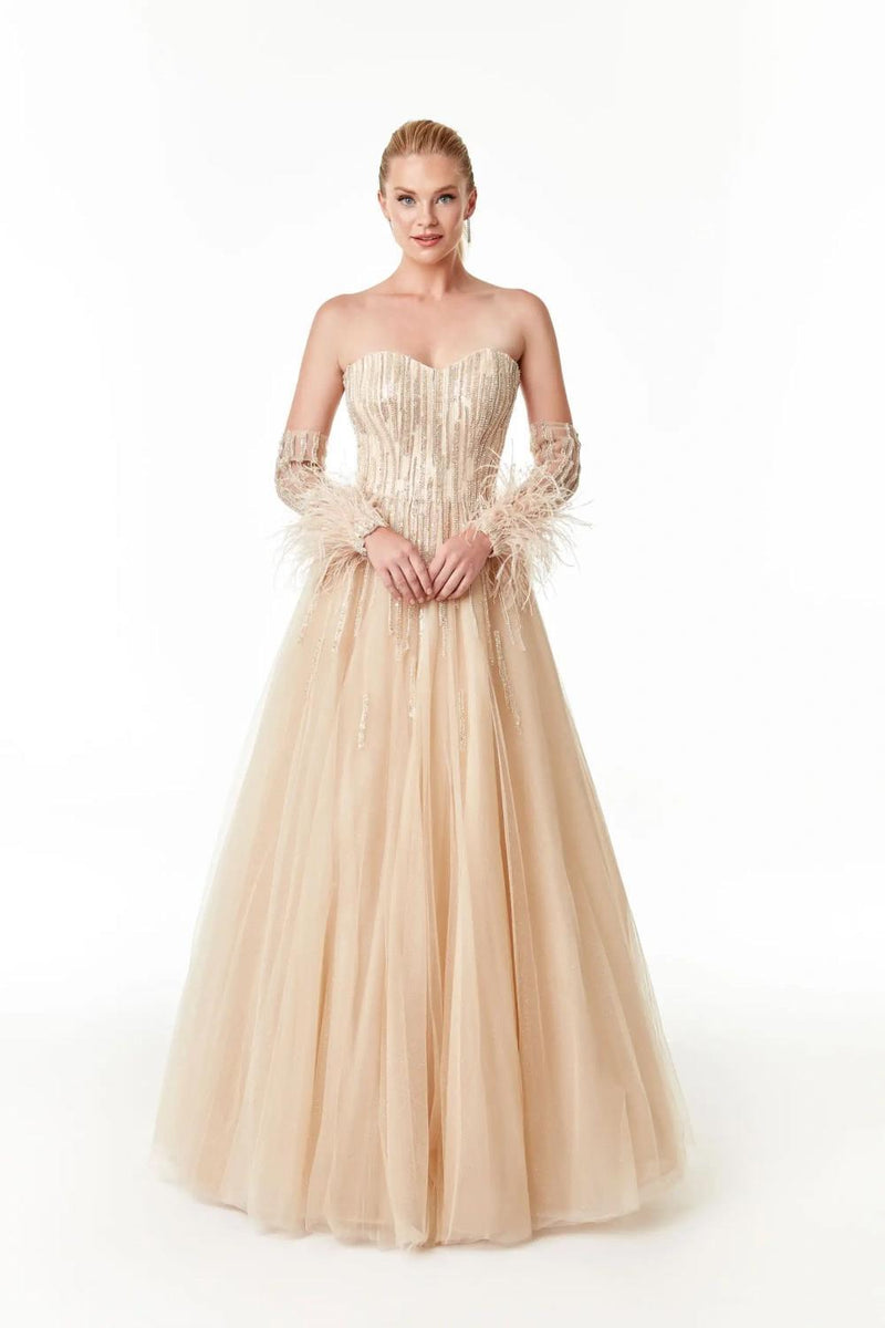 Ömür Inn Strapless Beaded Embroidered Long Tulle Evening Dress - Eser Giyim