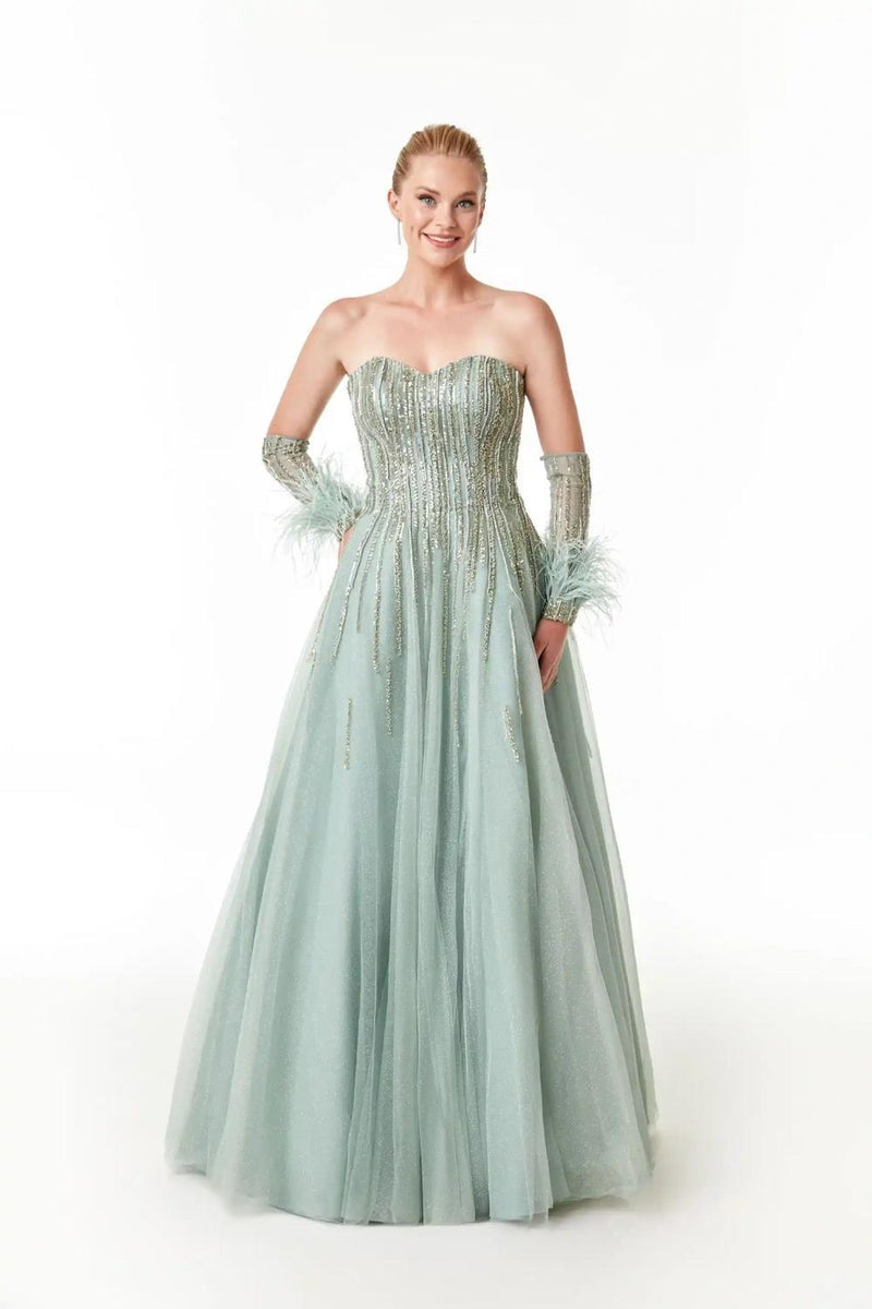 Ömür Inn Strapless Beaded Embroidered Long Tulle Evening Dress - Eser Giyim