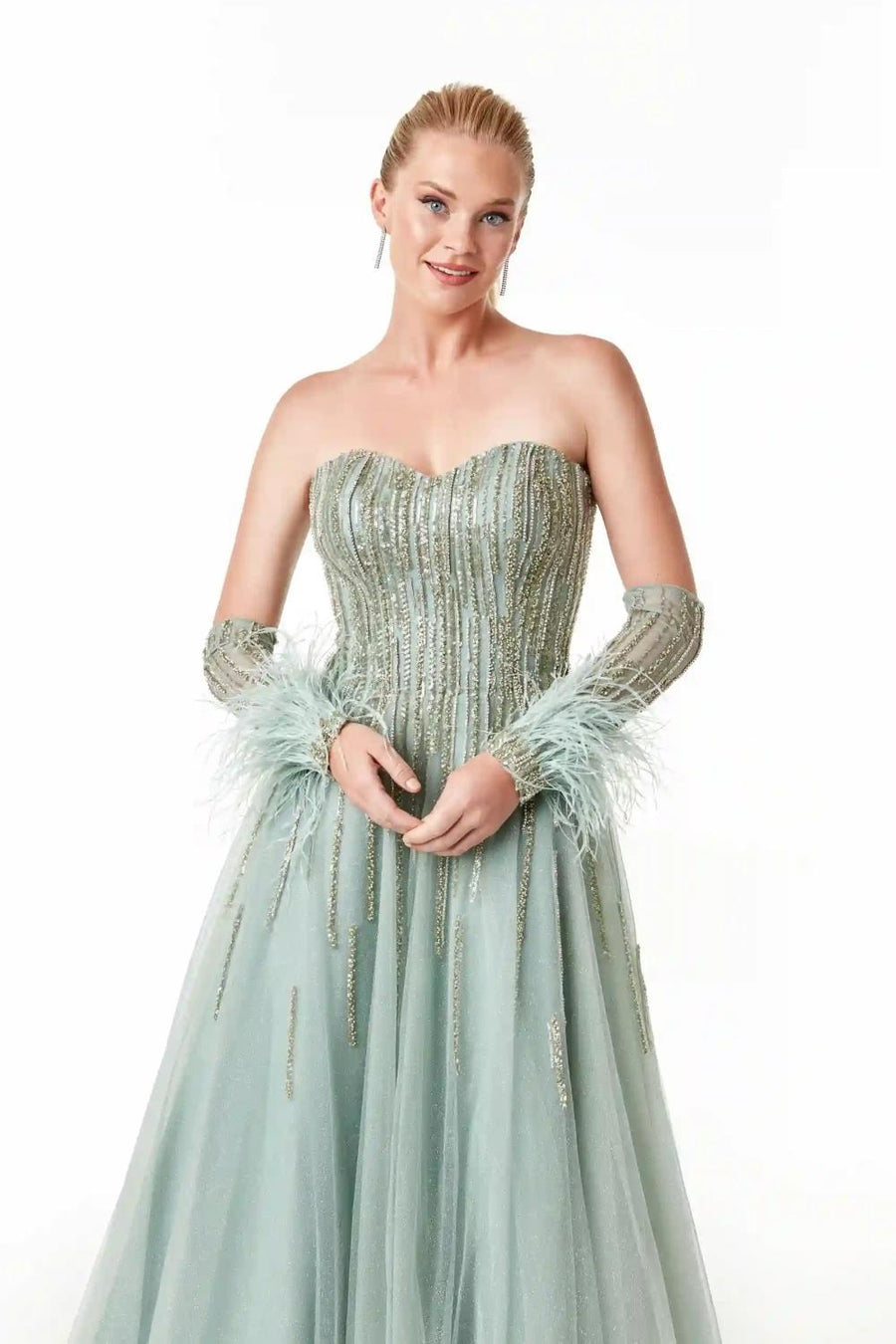 Ömür Inn Strapless Beaded Embroidered Long Tulle Evening Dress - Eser Giyim