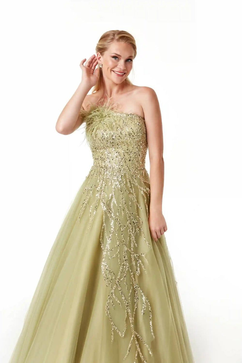 Ömür Inn Strapless Sequined Pleated Puffy Long Evening Dress - Eser Giyim